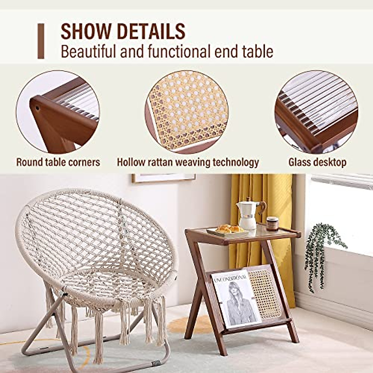 Tiita Rattan Nightstand Side Table, Bamboo Accent Bedside Tables, Glass Coffee Tables, Boho Wooden End Table with Storage for Small Space, Living Room and Bedroom