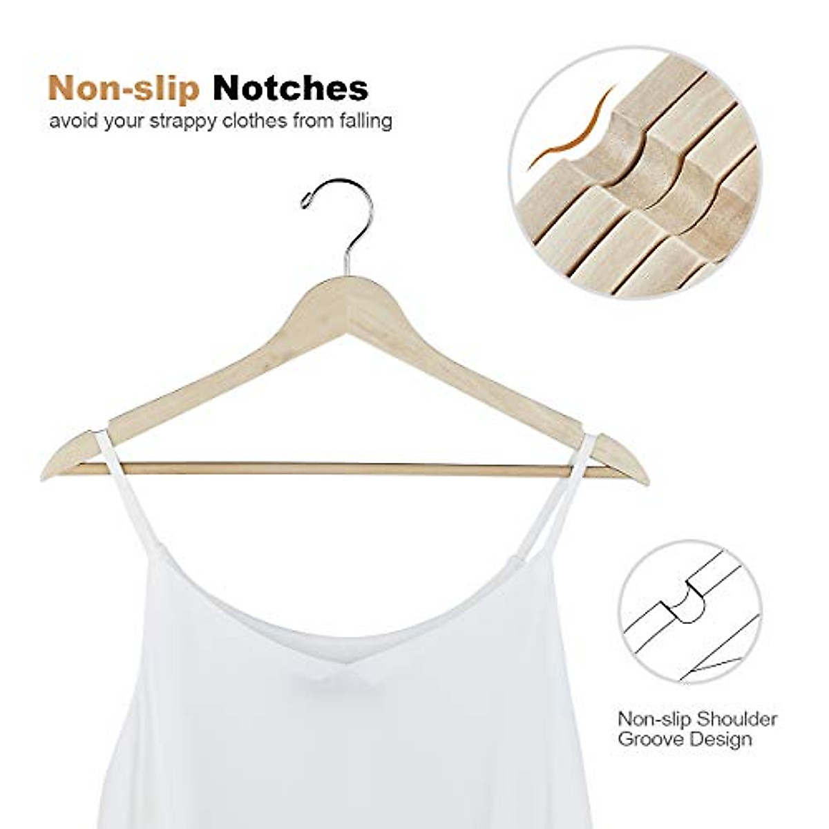 ELONG HOME Solid Wooden Hangers 30 Pack, Slim Wood Coat Hangers with Extra Smooth Finish, Precisely Cut Notches and Chrome Swivel Hook, Wooden Clothes Hangers for Shirt Suit Jacket Dress, Natural
