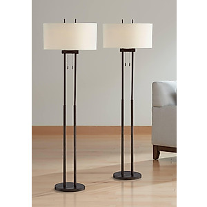 Franklin Iron Works Roscoe Modern 62" Tall Standing Floor Lamps Set of 2 Lights Twin Pole Pull Chain Brown Roman Bronze Finish Living Room Bedroom House Reading Office Home Decor Entryway Dining