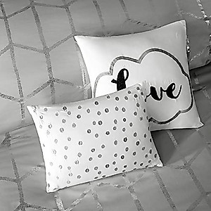 Intelligent Design Raina Duvet Set Metallic Print Geometric Style Embroidered Toss Pillows Modern Trendy All Season Comforter Cover Bedding-Set with Matching Sham, Full/Queen, Grey/Silver 5 Piece