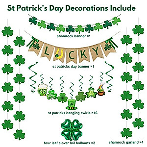 Amandir 38PCS St. Patrick's Day Decorations Set, 2 Lucky Shamrock Banners, 4 String of Shamrocks Garland, 16 St. Patrick's Hanging Swirls with Cutouts, Pre-assembled for Lucky Day Home Party Supplies
