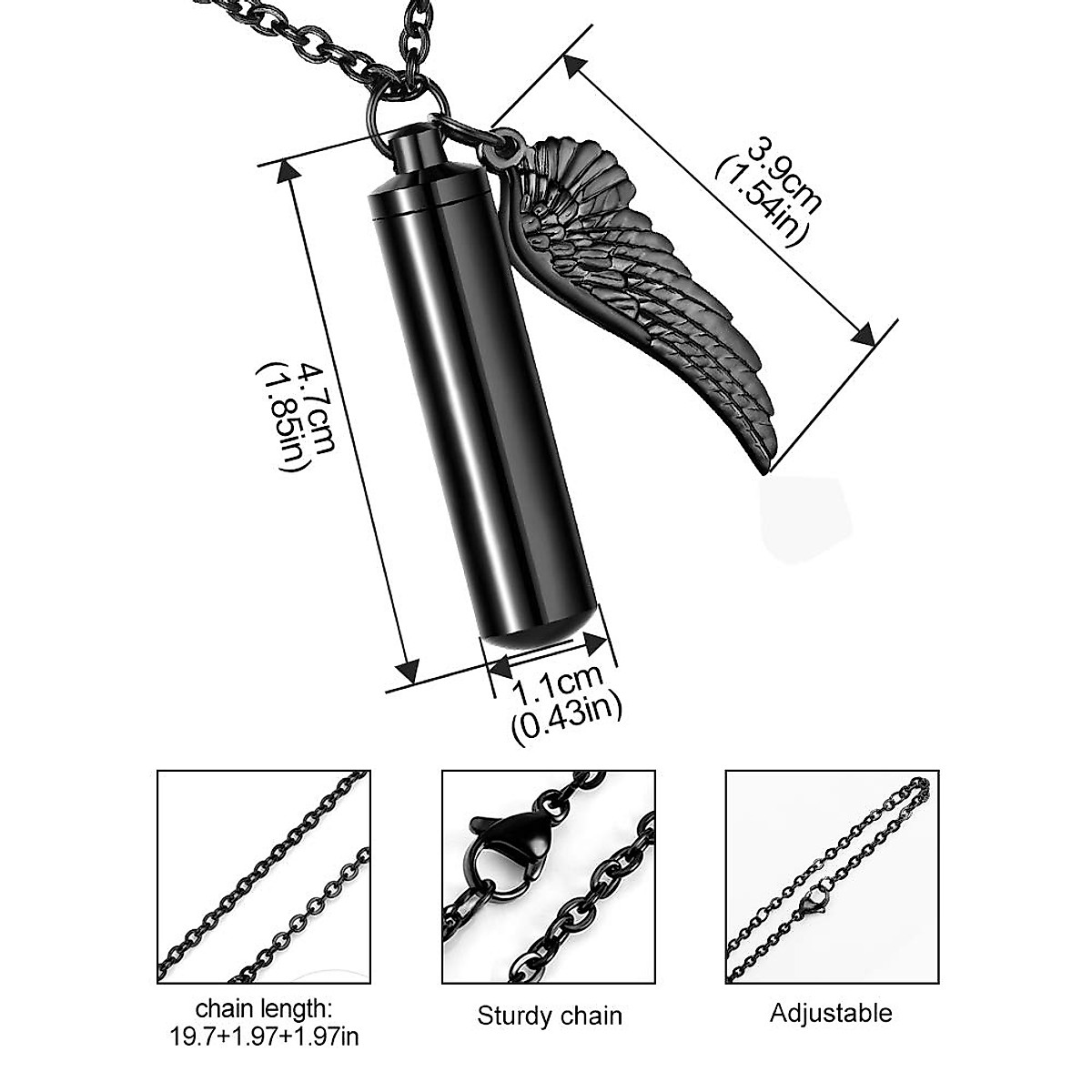 Dletay Cylinder Cremation Urn Necklace for Ashes Memorial Keepsake Pendant with Angel Wing Stainless Steel Remembrance Jewelry(Black)