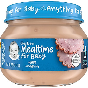 Gerber Mealtime for Baby 2nd Foods Baby Food Jar, Ham & Gravy, Non-GMO Pureed Baby Food with Essential Nutrients, Protein & Zinc, 2.5-Ounce Glass Jar (Pack of 40 Jars)