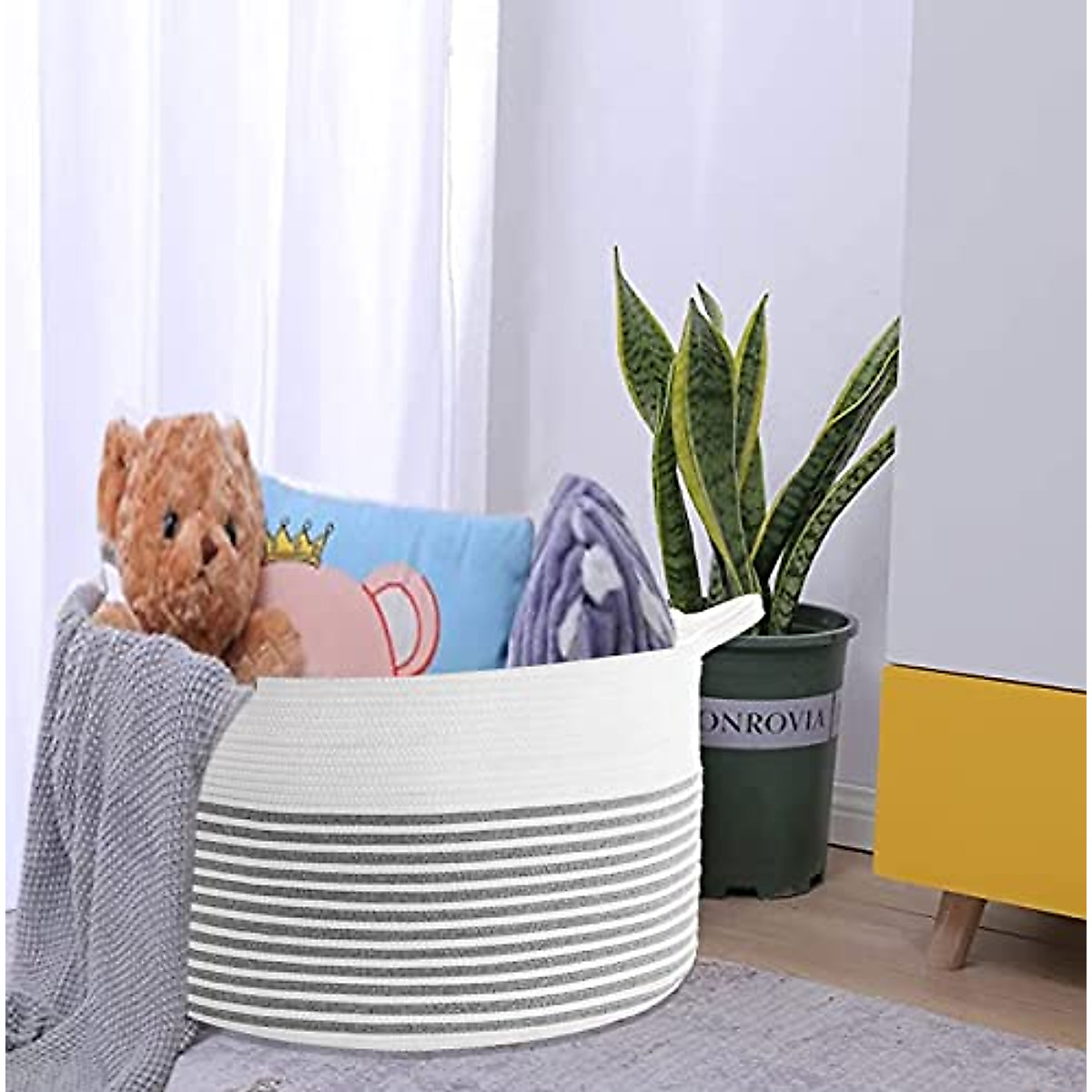 UBUL One Woven Cotton Rope Storage Basket(21.7X21.7X13.8Inch) With Handle, Blanket Basket, Shoes Basket, Toy storage, Pillow Basket, Round Basket, Towel Basket., Grey & White Stripes