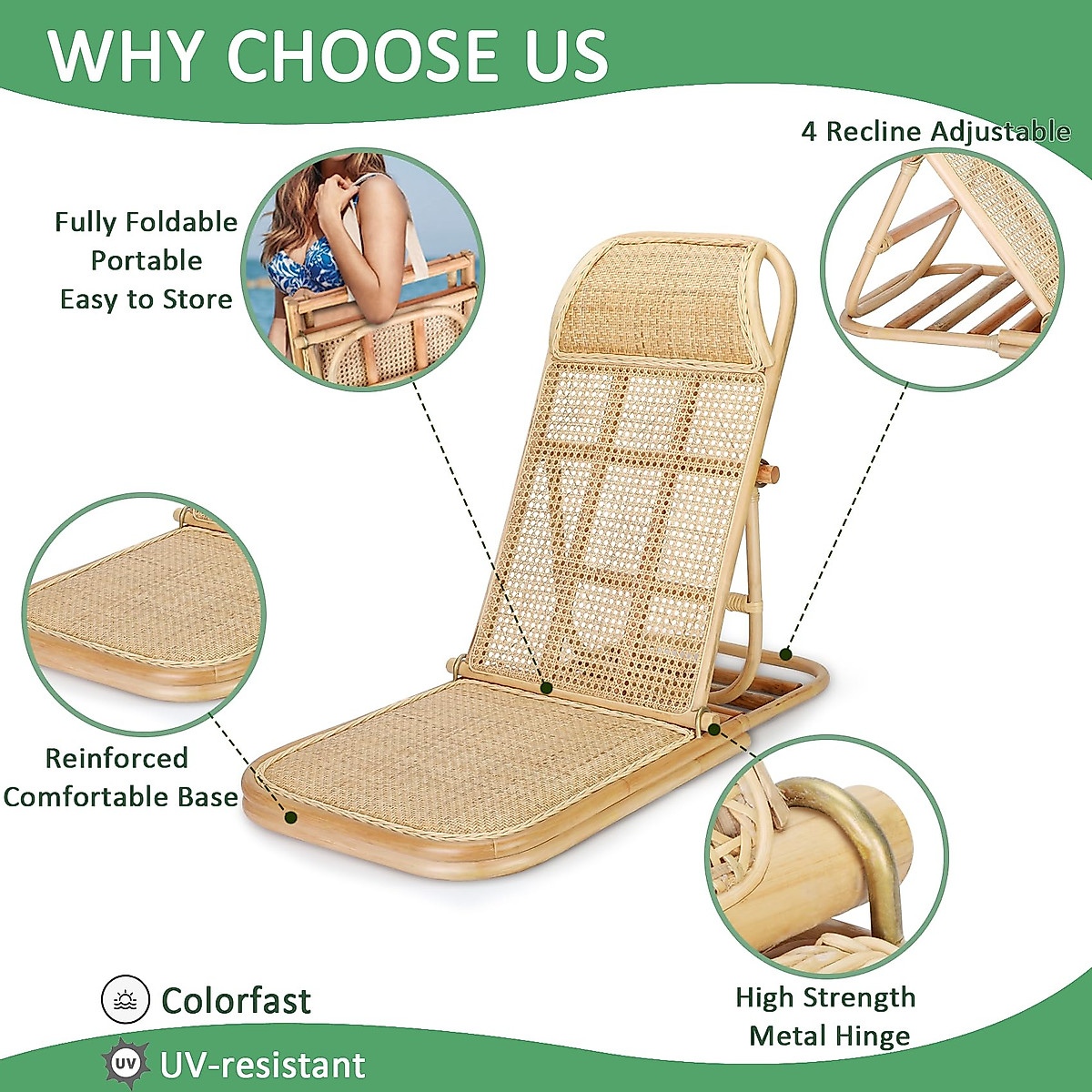 Folding Portable Beach Chair, 4-Gear Adjustable Chaise Lounge, Rattan Beach Chair, Floor Wood Chair,Pool Lounger Recliner, Portable Wicker Beach for Pool Home Yoga Meditate Office Relaxation