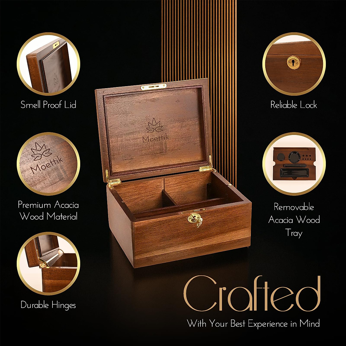 Moettik Premium Storage Box -Acacia Wooden Smell Proof Locking Storage Box with Accessories Removable Wood Tray, Glass Jars, Metal Tube, Ceramic Tray, Brush, Brown Upgraded Design