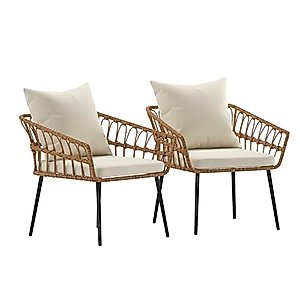 Flash Furniture Evin Set of 2 Boho Indoor/Outdoor Patio Chairs - Natural Finish Faux Rattan Wicker - Cream All-Weather Cushions - Integrated Armrests