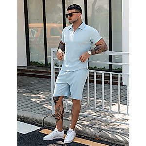 URRU Men's Polo Shirt and Shorts Set Summer Outfits Casual Short Sleeve Polo Suit for Men 2 Piece Shorts Tracksuit Set Light Blue L