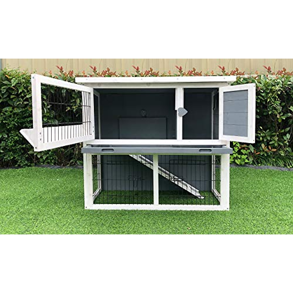 Hanover Outdoor Wooden 2-Story Rabbit Hutch with Ramp, Wire Mesh Run, Cage, Waterproof Roof, Removable Tray - HANRH0103-GRY