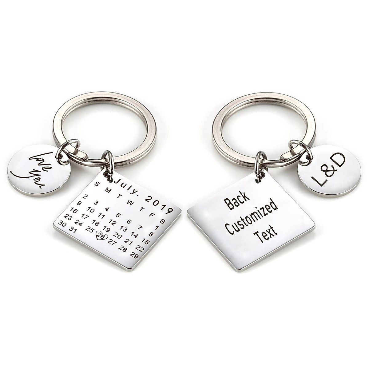 Personalized Engraved Calendar Keychain，Stainless Steel Keyring， Dog Cat Label，Customized with a Special Date & Text，Ideal Gift for Friends, Weddings, and Memorials
