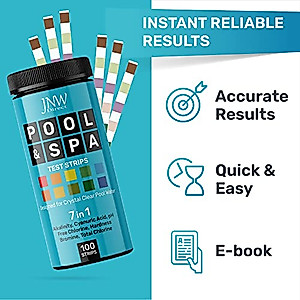 Pool Test Strips, 7in1 Quick & Accurate Pool and Spa Test Strips, Pool Water Test Kit - 100 Bromine, pH, Hardness, Alkalinity, Chlorine Pool Water Tests, Spa and Hot Tub Test Strips with E-Book - JNW