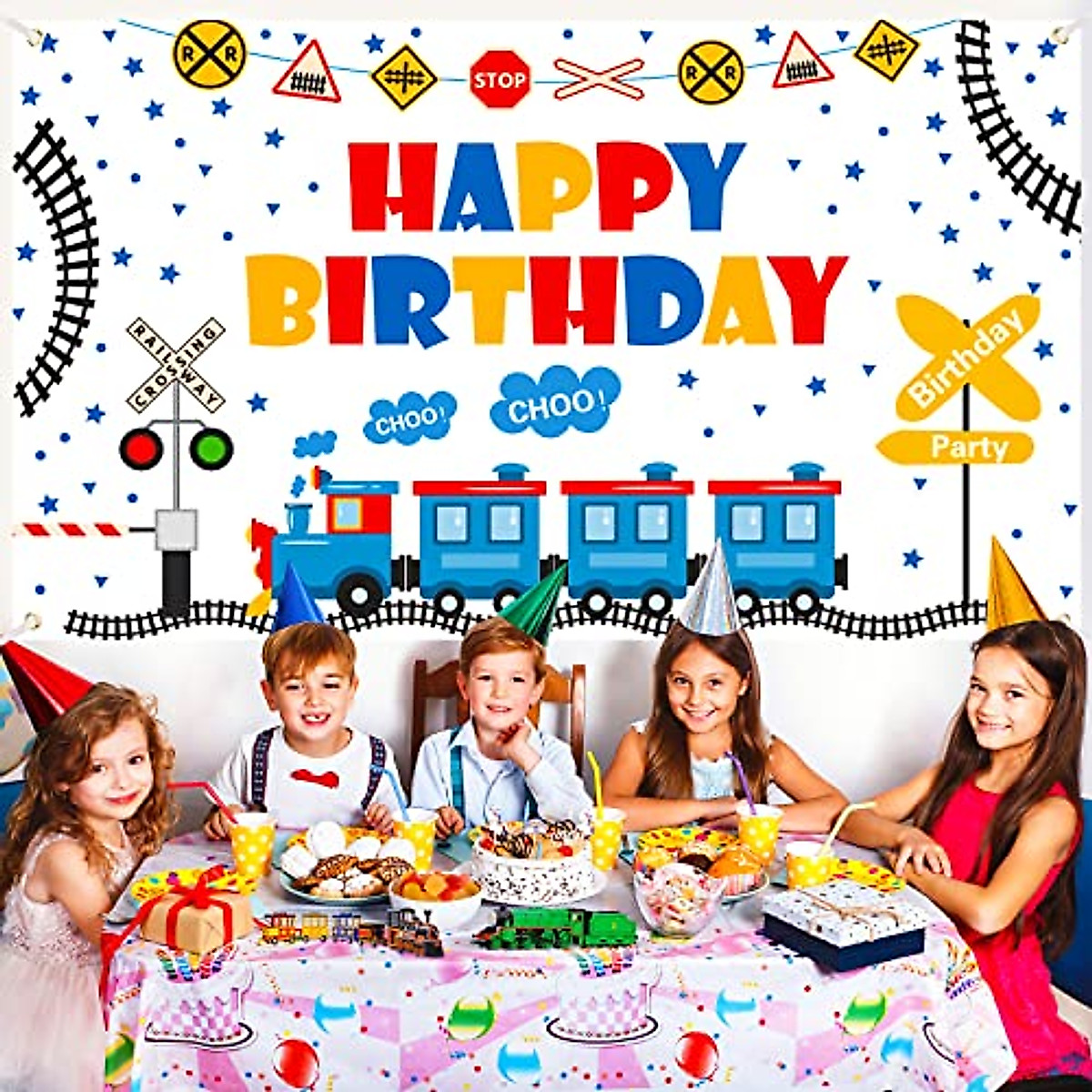 Train Theme Happy Birthday Banner Backdrop Train Party Decorations for Boy Girl Kid Train Birthday Party Supplies Railroad Train Crossing Themed Party Backdrop Background Decorations 71 x 44 Inch