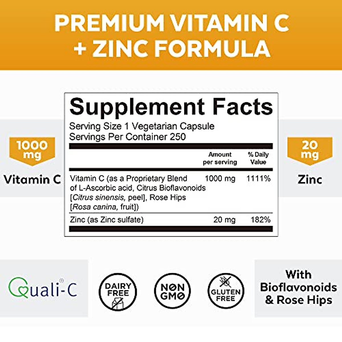 Vitamin C with Zinc (250 Veggie Capsules) - Vitamin C 1000mg and Zinc 20mg with Citrus Bioflavonoids and Rose Hips, Immune Support Supplement and Powerful Antioxidant