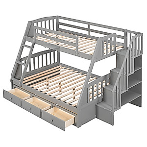 Bellemave Twin Over Full Bunk Bed with Stairs and Storage Drawers, Wood Bunk Bed Frame with Three Drawers and Shelves, Modern Detachable Bunked Frame for Kids Boys Girls Teens, Gray