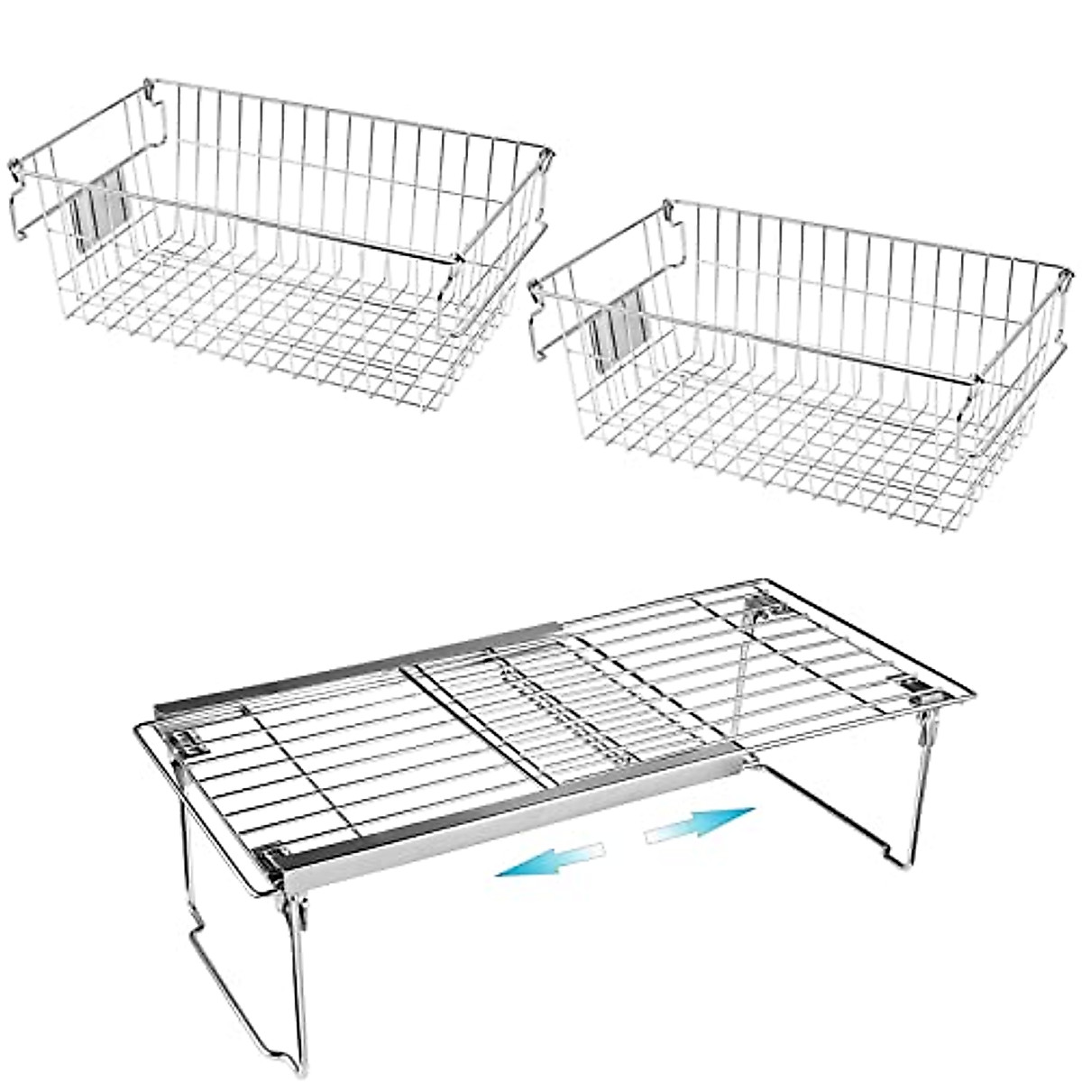 Large Stackable Wire Baskets for Pantry Organization, Expandable Cabinet Shelf Organizer