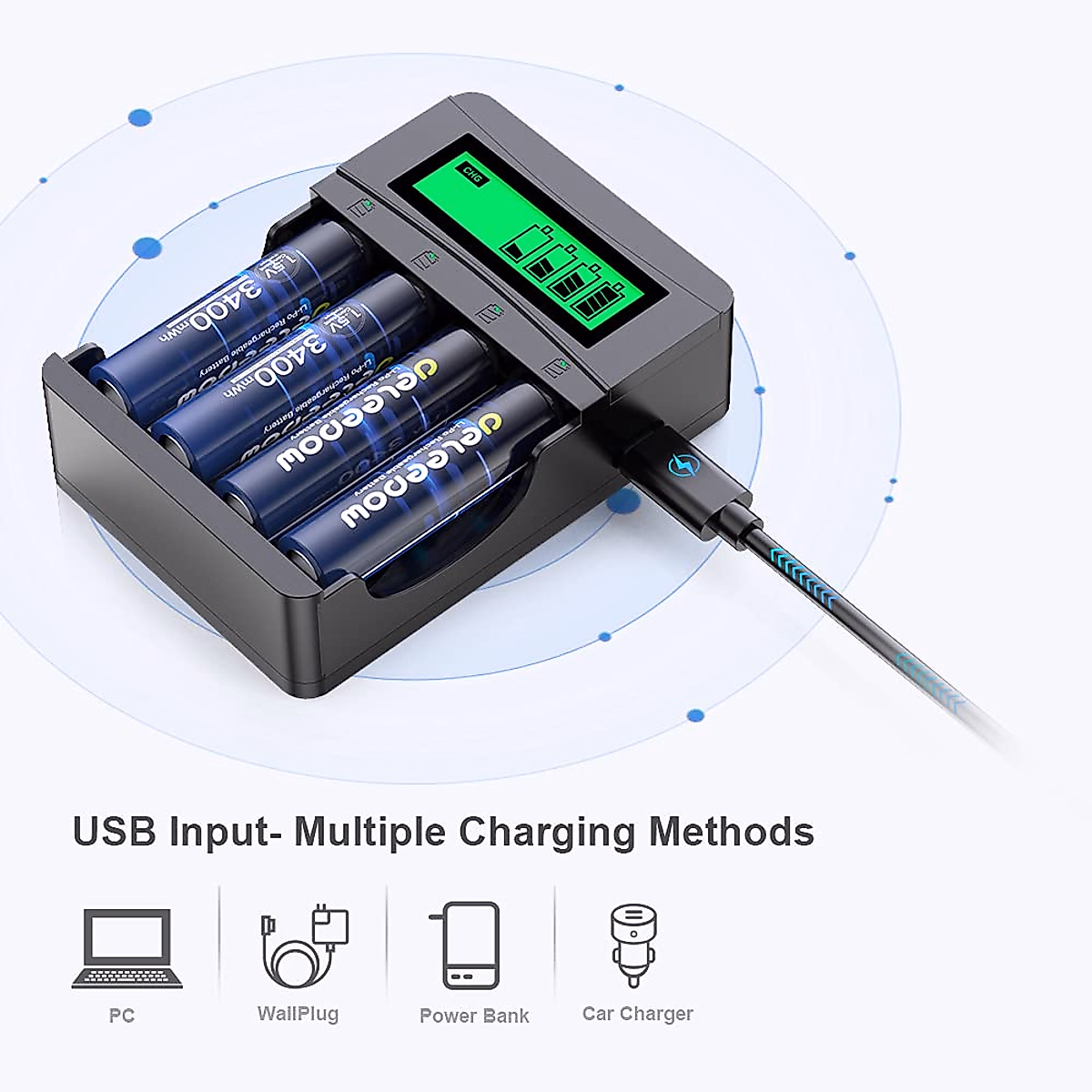 Deleepow Rechargeable AA Batteries with Charger, 3400mWh 1.5V, 2H Fast Charge Long Lasting for Household, Cordless Phones, Remote Controls, Electronics, 4 Packs