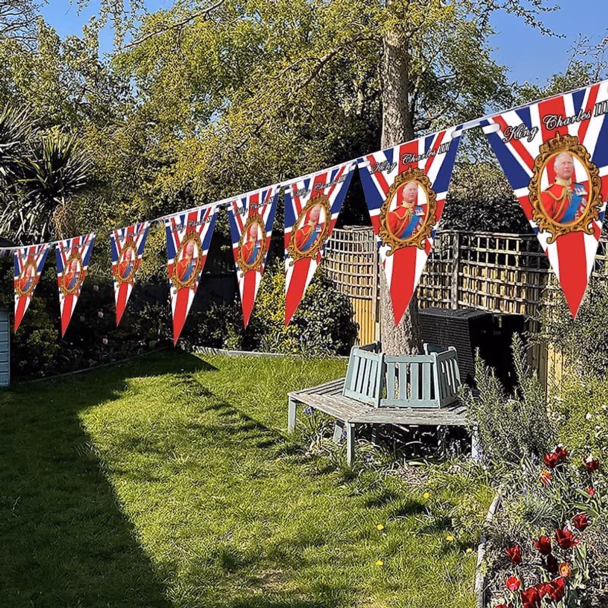 King Charles III Union Jack Bunting Banner with 15 Triangle Flags, Our New King To Be British String Bunting for His Majesty's Royal Coronation Ceremony Pub BBQ Royal Events Street Party Decorations