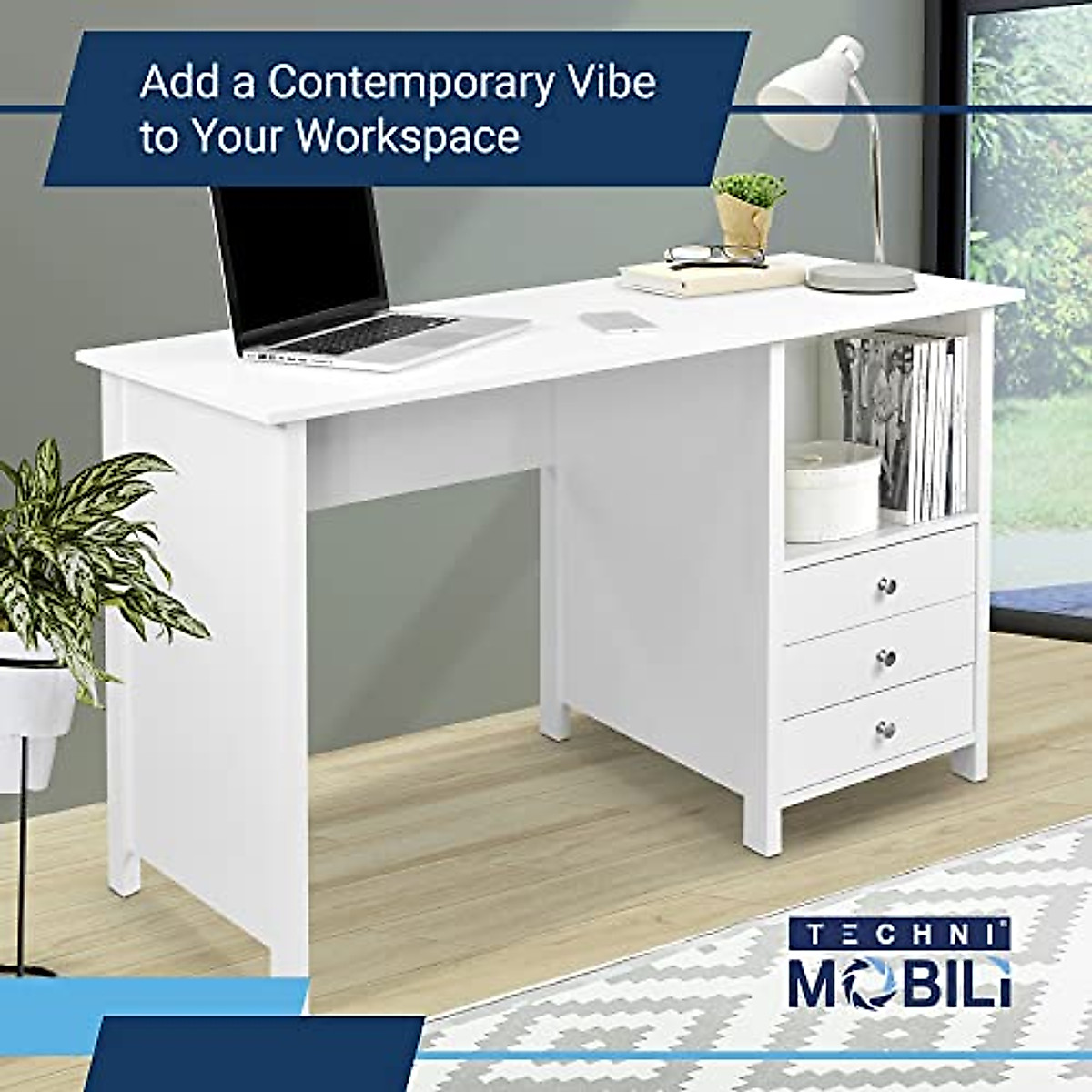 Techni Mobili White Desk with Drawers - Small Office Desk with 3 Cabinet Drawers, Open Shelf, & Laminated Wooden Panels Office & Study Table for Bedroom & Workstations