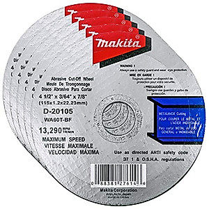 Makita 5 Pack - 4.5" Cut Off Wheels For 4.5" Grinders - Aggressive Cutting For Metal & Stainless Steel/INOX - 4-1/2" x .045" x 7/8-Inch