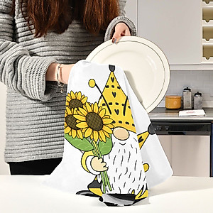 Kigai Kitchen Towels Set of 4, Cute Gnome and Sunflower Highly Absorbent Dish Towels Reusable Cleaning Cloths Washable Tea Towels Hand Towel 28 x 18 Inch