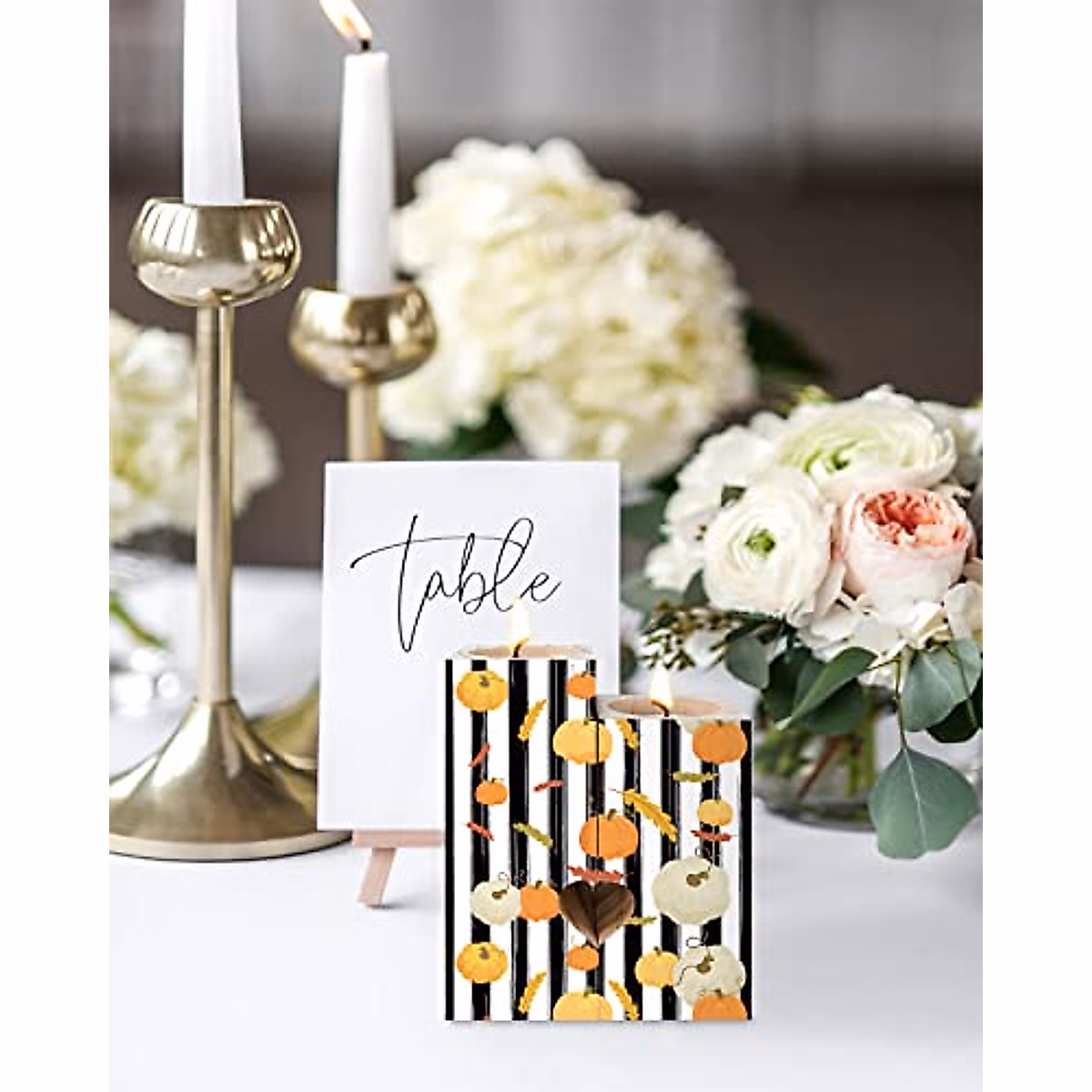 Black Pumpkins Stripes Candle Holder with Tea Light,Vintage Wood Tealight Candle Stick Holder Pillar Centerpiece,Heart-Shaped Wooden Candle Holders Set Fall Thanksgiving Sunflower Rustic Autumn Leaves