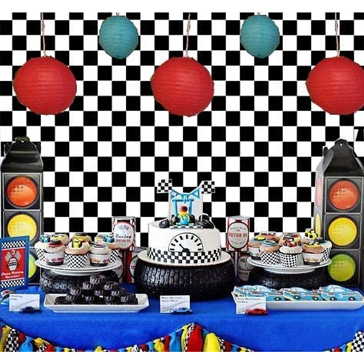 Cosplay Party Banner Checkered Flag Photography Backdrop Vinyl 7x5ft Photo Background White and Black Racing Checker Texture Grid Birthday Chess Board Decoration Supplies Photo Booth Studio Props