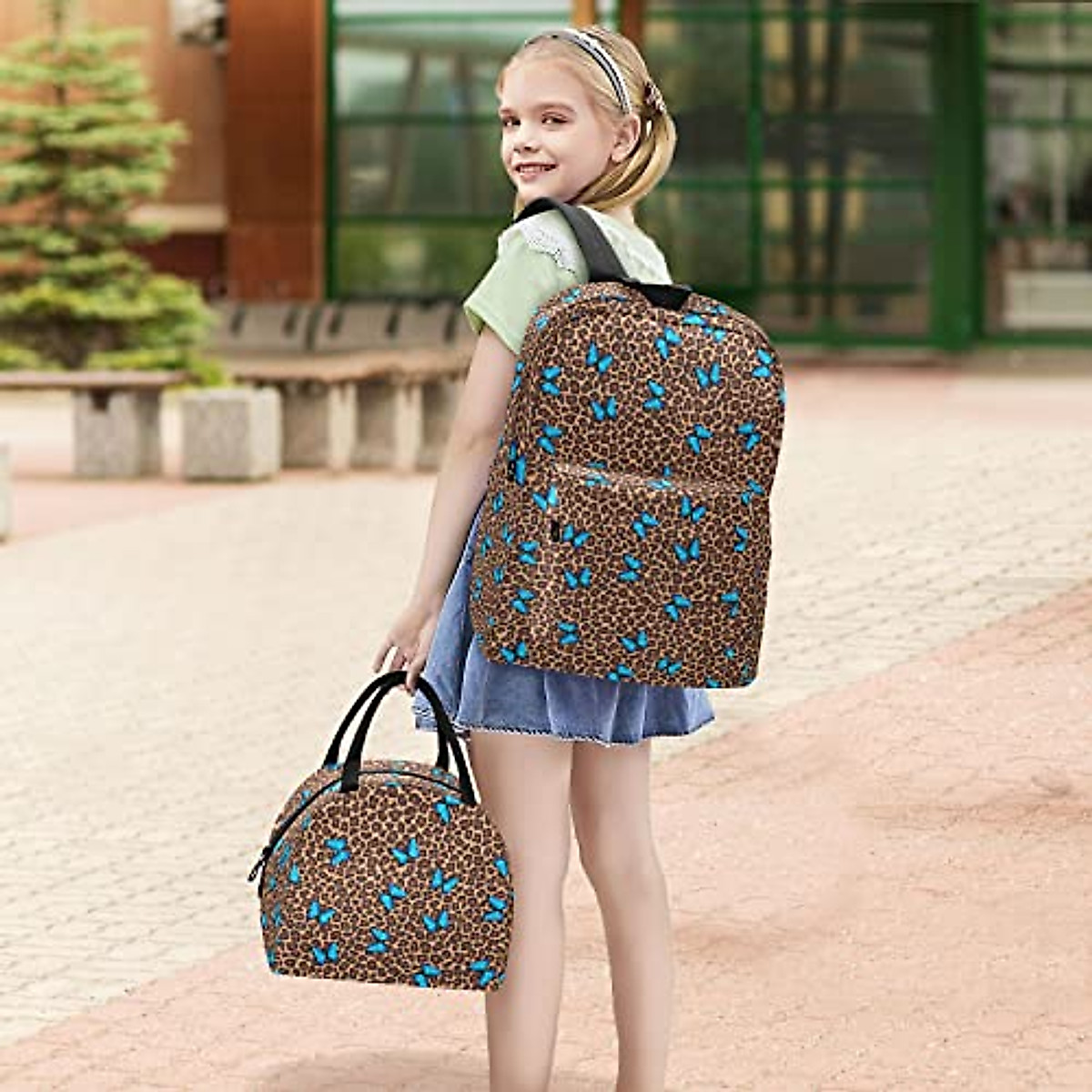 CHIFIGNO Blue Butterfly Leopard Cheetah Print Backpack Set for Teen Girls Middle Student Bookbag Women Backpack with Insulated Lunch bag Funny Preschool Kindergarten Backpacks