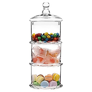 MyGift Modern 3 Tier Clear Glass Stacking Apothecary Jars with Lid, Round Glass Display Candy and Cookie Containers, 16 inch Tall