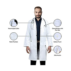HEEDFIT Professional Lab Coat Women, White Lab Coat Men Long Sleeve, Personalized Lab Coat White, Unisex Small 1101