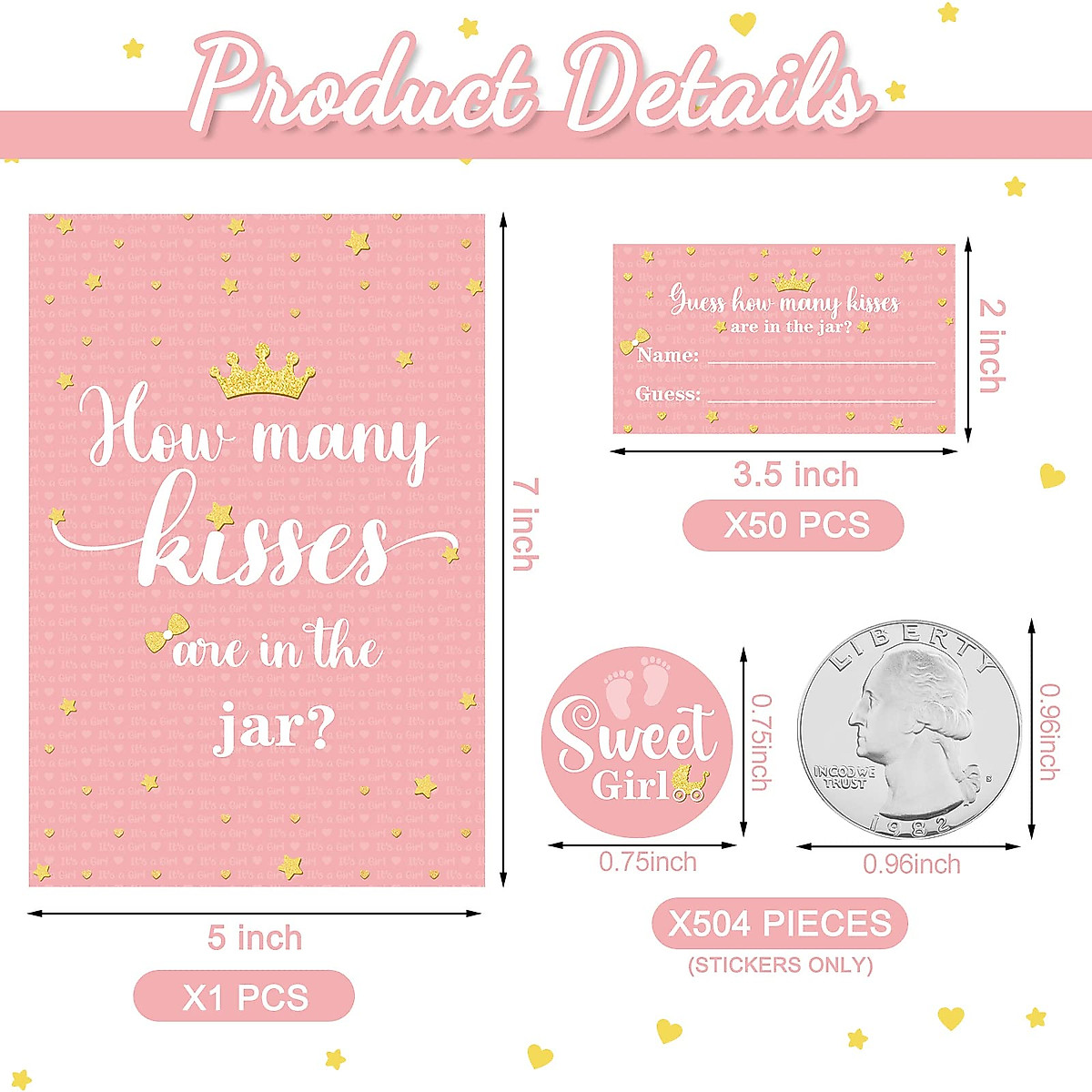 555 Pcs How Many Kisses Baby Shower Games, Pink and Gold Standing Sign Guessing Cards Baby Shower Kisses Stickers for Kids Girl Birthday Baby Shower Sprinkle Party Decoration (No Candy and Jar)
