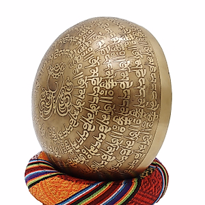 KHUSI 6 Inch Tibetan Singing Bowl, Full Mantra Conch Engraved Sound Bowl for Mindfulness Chakra Bowl, Comes w/Silk Box, Cushion and Leather grip Mallet
