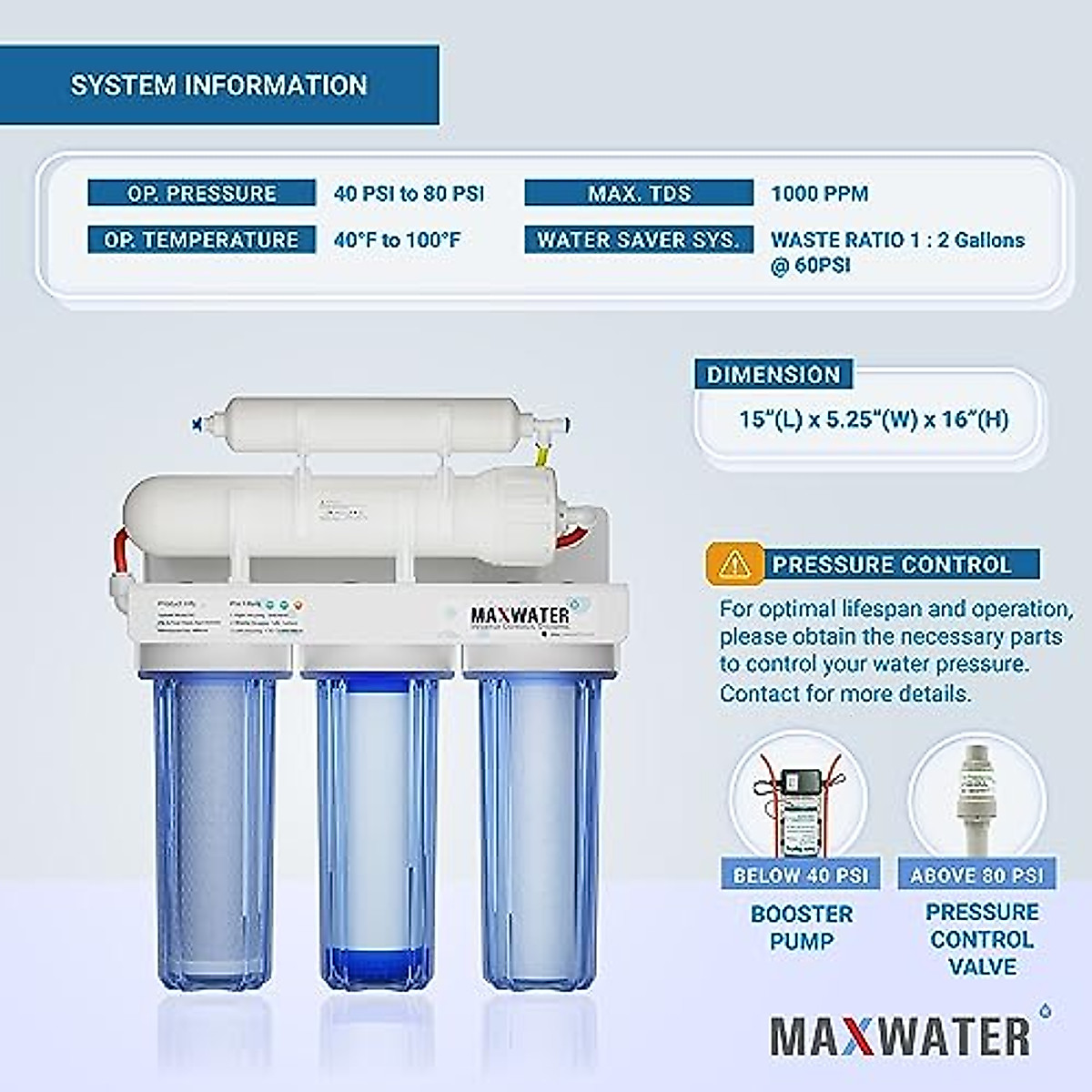 Max Water 5 Stage 50 GPD (Gallon Per Day) RO (Reverse Osmosis) Standard Water Filtration System - Under-Sink/Wall Mount (with Tank & Faucet) - Model: RO-5C5