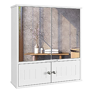 URKNO Bathroom Medicine Cabinet with Double Mirror Doors, Wood Hanging Wall Cabinet with Adjustable Shelf, Mirror Storage Cabinet for Bathroom, Living Room, White