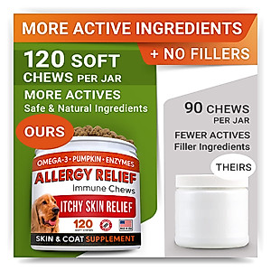 Omega 3 + Allergy Relief Dogs Bundle - Allergy & Itch + Skin & Coat Supplement - Omega 3 & Pumpkin - Itchy Skin +Itching & Licking Treats - 300 Chews - Chicken + Bacon Flavor - Made in USA