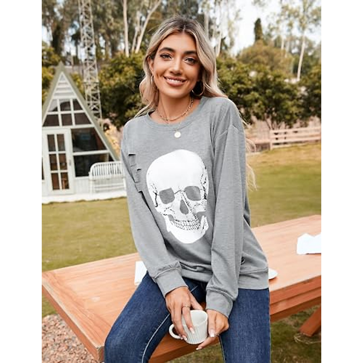 Blooming Jelly Women's Halloween Sweatshirts Skull Graphic T Shirts Long Sleeve Pullover Gothic Fall Trendy Outfits 2024 (Large, Grey)