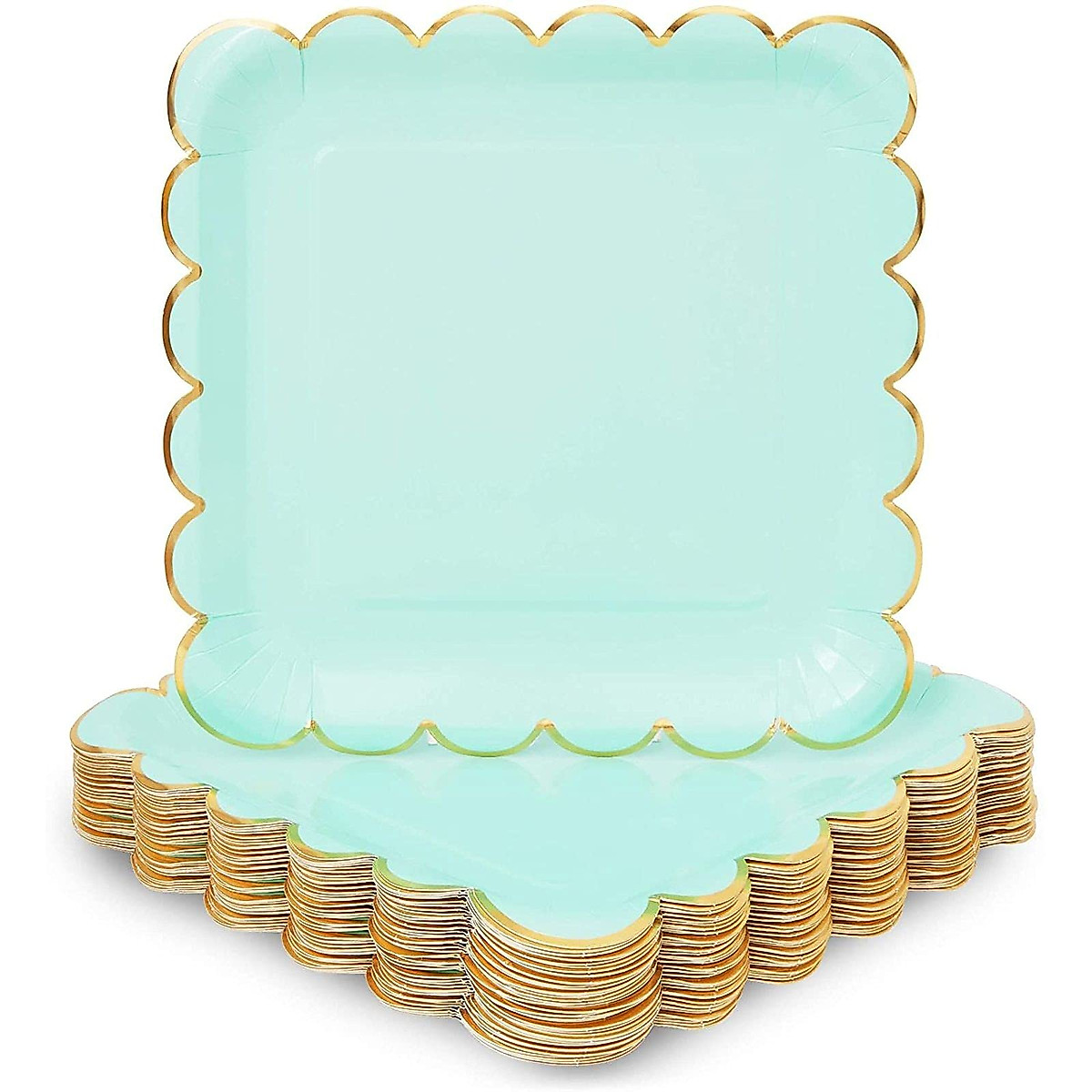 Sparkle and Bash Mint Green Square Paper Plates, Gold Foil Scalloped Edge (9 In, 48 Pack)
