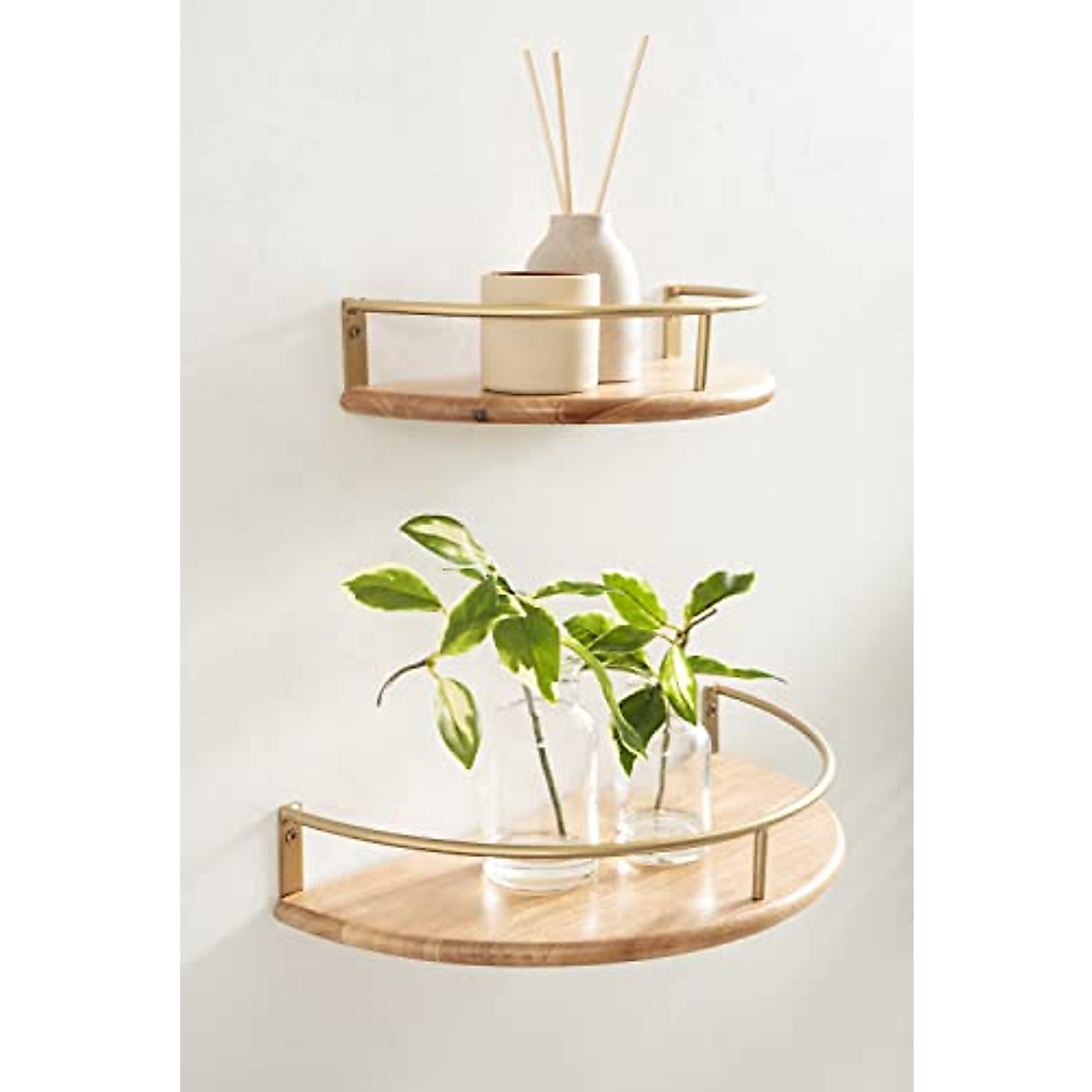 Kate and Laurel Camryn Boho Half Moon Wall Shelf Set, Set of 2, Natural Wood and Gold, Decorative Bohemian Half Circle Shelf for Household Storage and Boho Decor