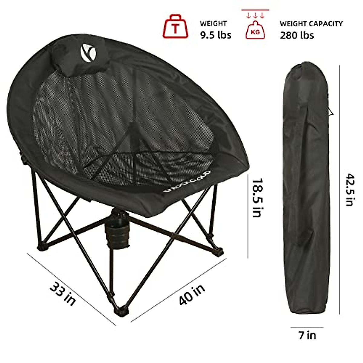 ROCK CLOUD Folding Camping Chair Oversized Padded Moon Round Saucer Chairs Outdoor for Camp Lawn Hiking Fishing Sports, Black