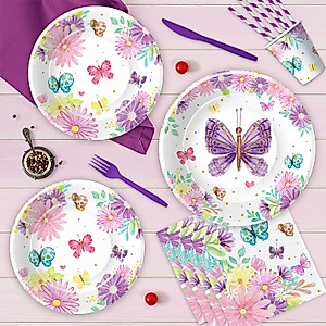 Xigejob Butterfly Party Decorations Tableware - Butterfly Birthday Party Supplies Include Plate, Cup, Napkin, Tablecloth, Cutlery, Straws, Butterfly Baby Shower Birthday Party Decorations | Serve 24