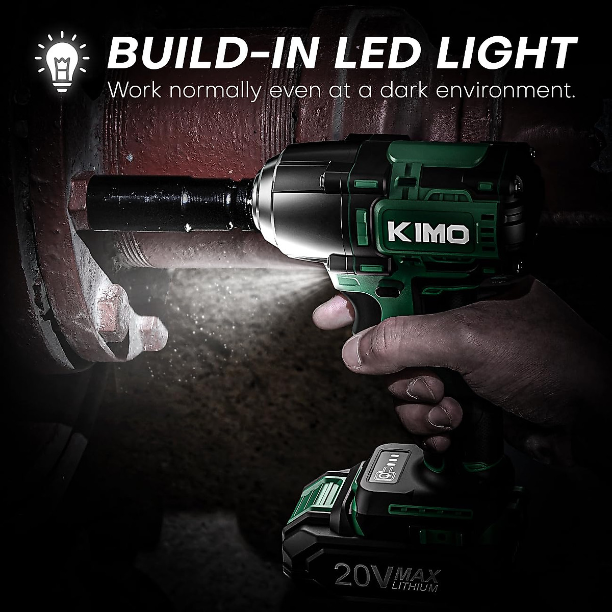 KIMO Cordless Impact Wrench 1/2", Brushless Impact Driver with 400 ft-lb Max Torque, 3000 RPM, 20V Electric Impact Wrench with 1 Hour Fast Charger & Variable Speeds, 1/2 Impact Gun for Car Home
