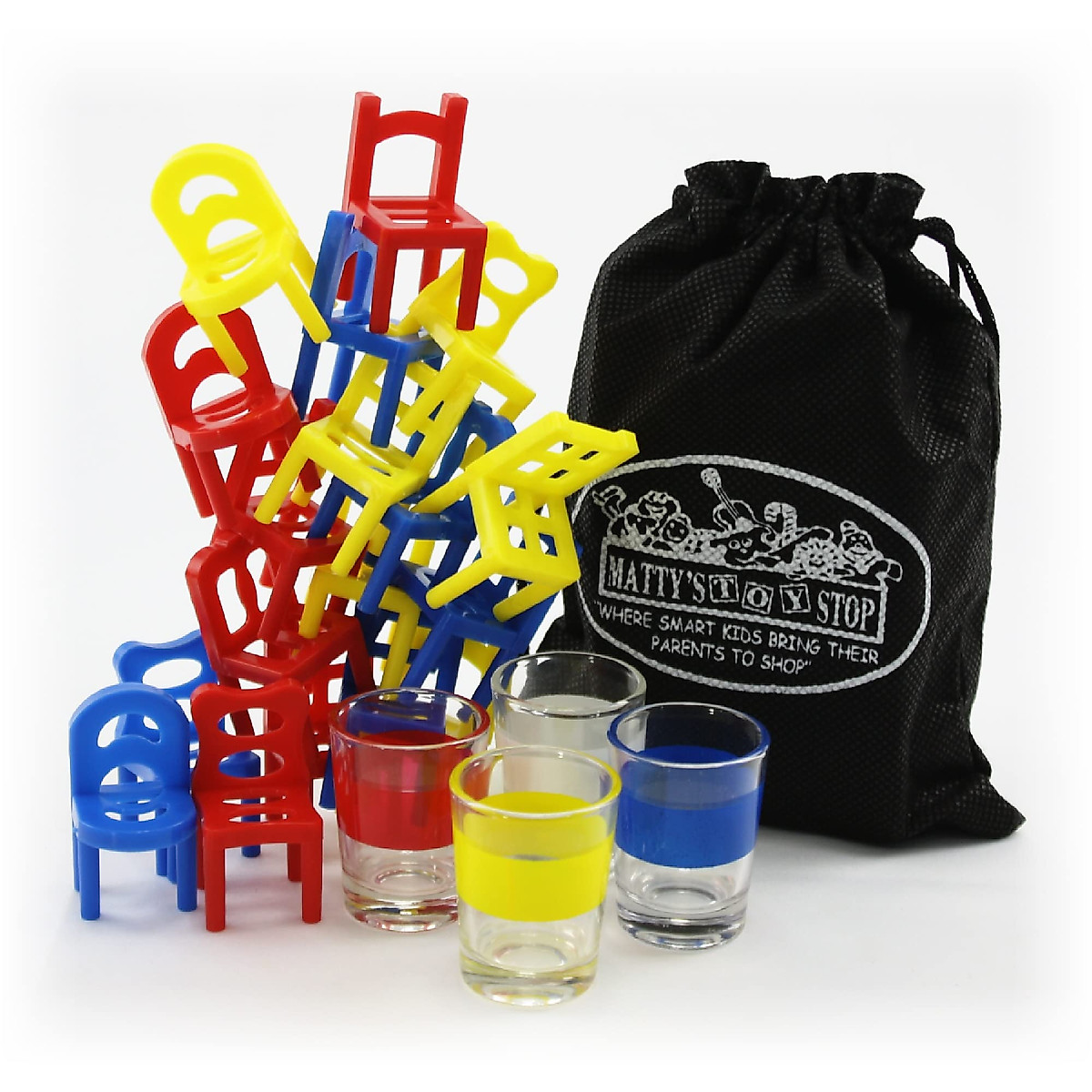 Matty's Toy Stop Drunken Chairs Deluxe Chairs Stack & Balance Drinking Game with Exclusive Storage Bag