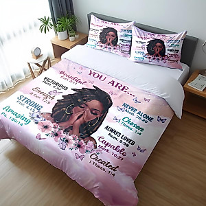 TRENDYNEST Kids Comforter Sets Queen Size, Prayer Girl and African American Girl Inspirational Quotes with Floral Butterfly, Teens Bedding Sets for Girls Women (Queen, Pink White)