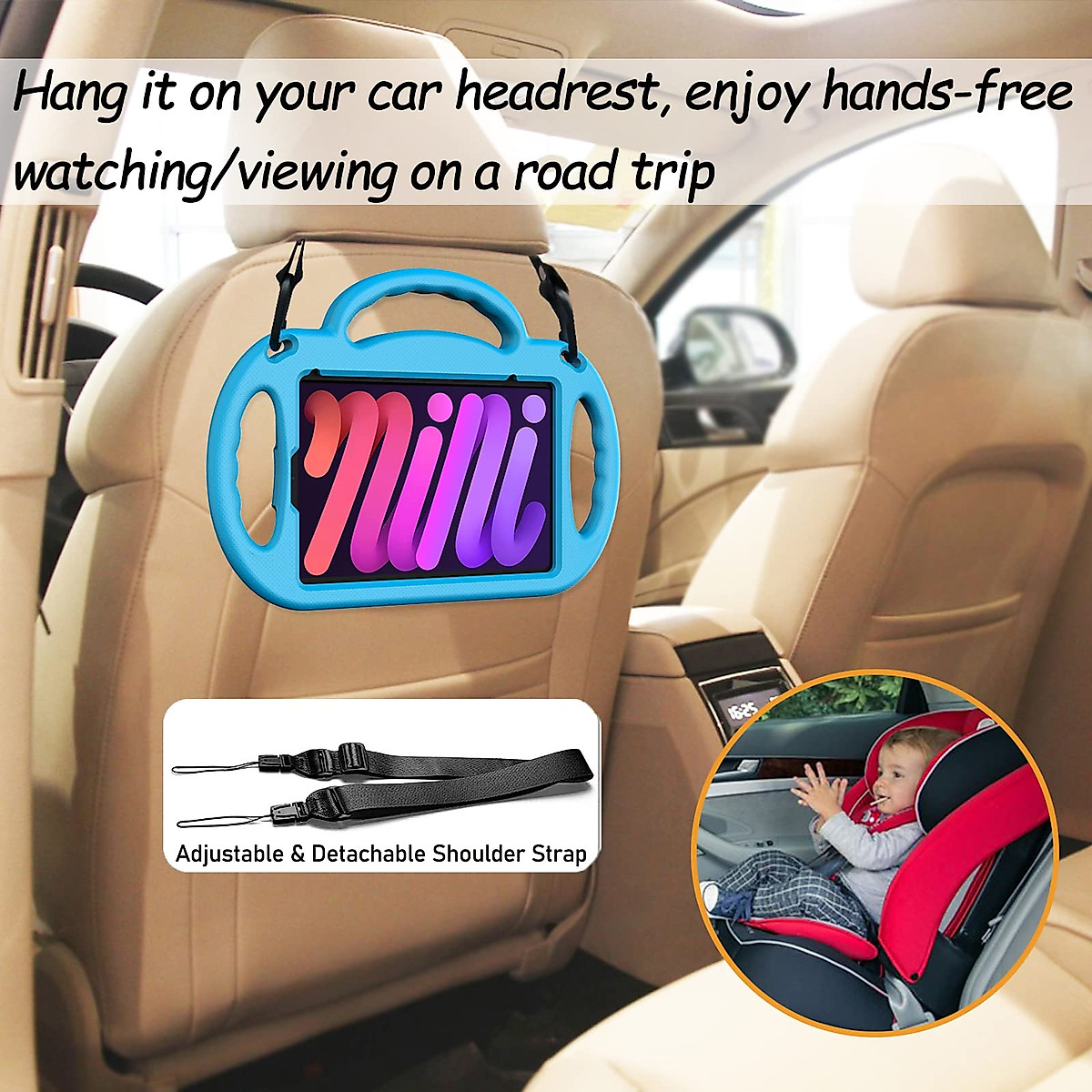 LTROP Kids Case for 2024 iPad Mini 7 & 2021 iPad Mini 6, Shockproof Handle Stand Shoulder Strap Kids Bumper Case for iPad Mini Tablet, Blue