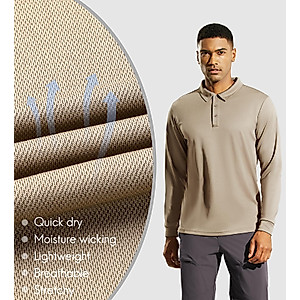Haimont Mens Polo Shirts Golf Long Sleeve Lightweight Polyester Collared Tshirt Moisture Wicking Regular Fit, Khaki, XL