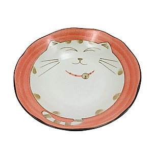 JapanBargain 2479, Japanese Porcelain Shallow Soup Bowl for Dinner Lunch Rice Poke Donburi Udon Ramen Noodle Pasta Cereal Maneki Neko Lucky Cat Pattern for Cat Lovers Made in Japan, 8.5-inch, Pink