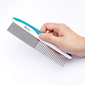 Piepea Pet Comb, Stainless Steel Teeth Comb for Dogs & Cats, Pet Hair Comb for Home Grooming Kit, Removes Knots, Mats and Tangles, 7 1/4"