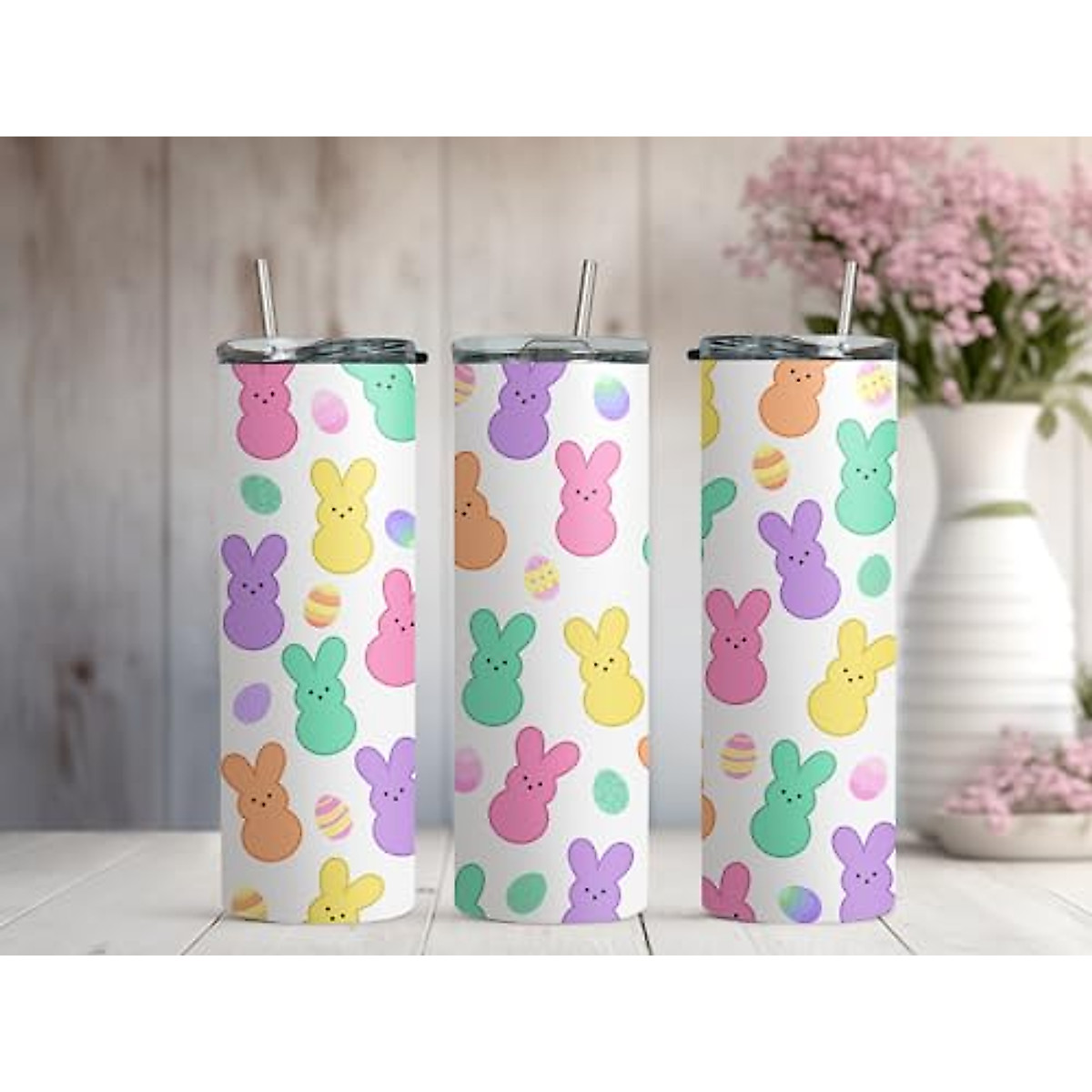 Pastel Peeps Bunny Pattern 20oz Stainless Steel Tumbler with Spillproof Lid and Straw