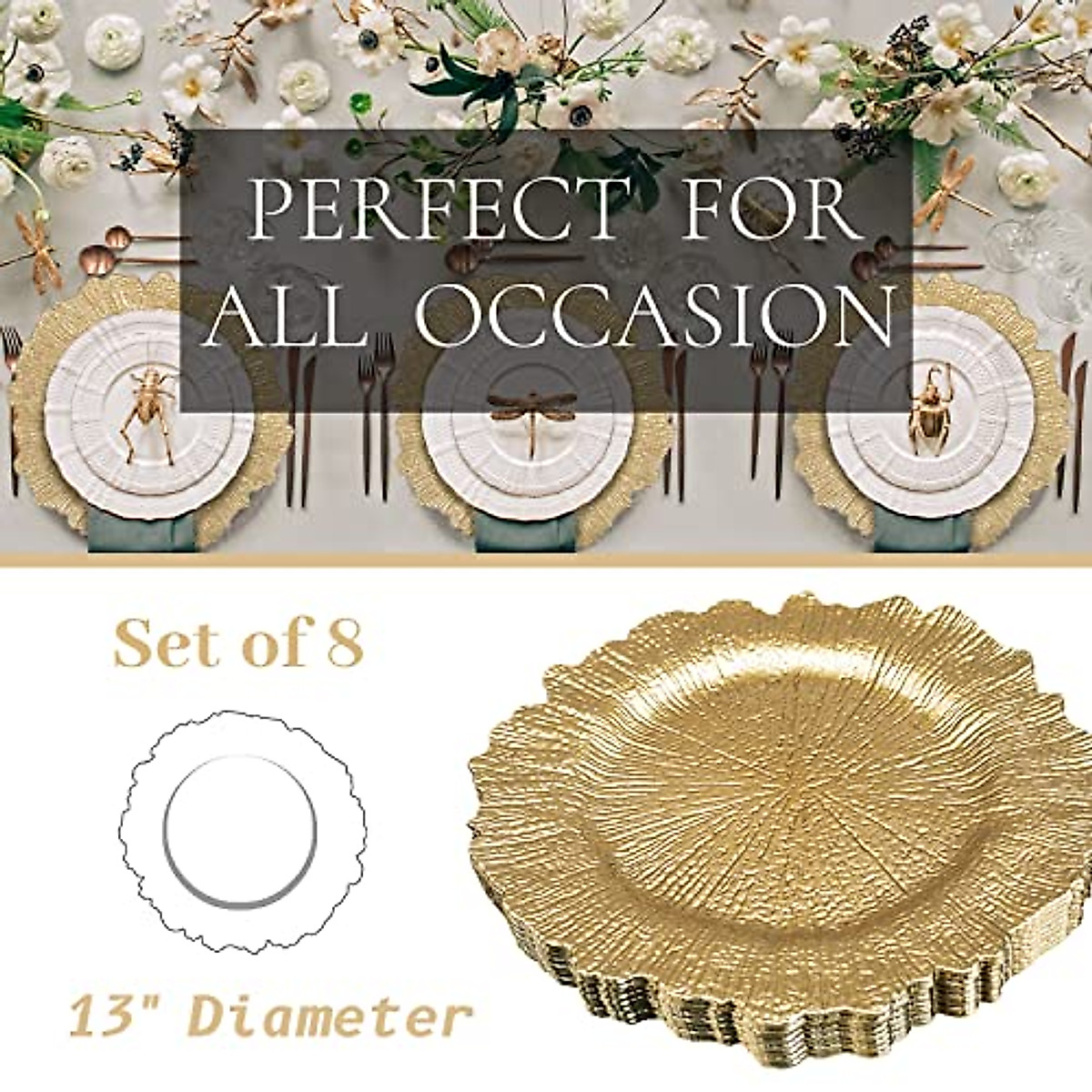 MAONAME 13" Gold Charger Plates Set of 8, Round Reef Chargers for Dinner Plates, Plastic Plate Chargers for Table Setting, Wedding Decor