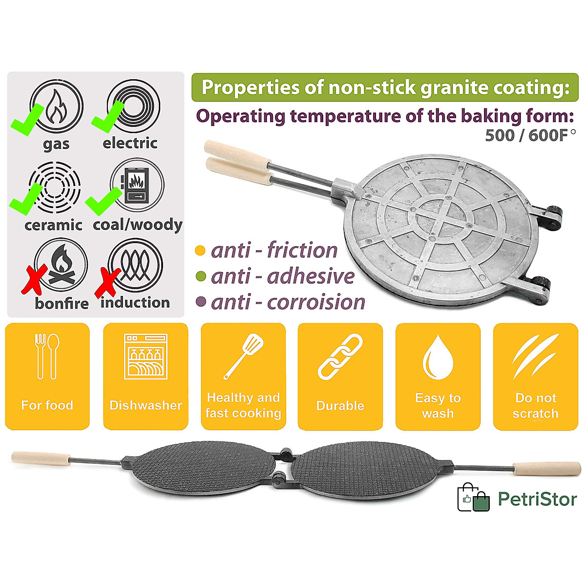 PetriStor Waffle Maker Round Has Nonstick Coating Size 8 in - Waffle Cone Maker - Krumkake Iron - Wafer Maker - Waffle Cone Maker Machine - Stroopwafel Maker - Ice Cream Cone Maker
