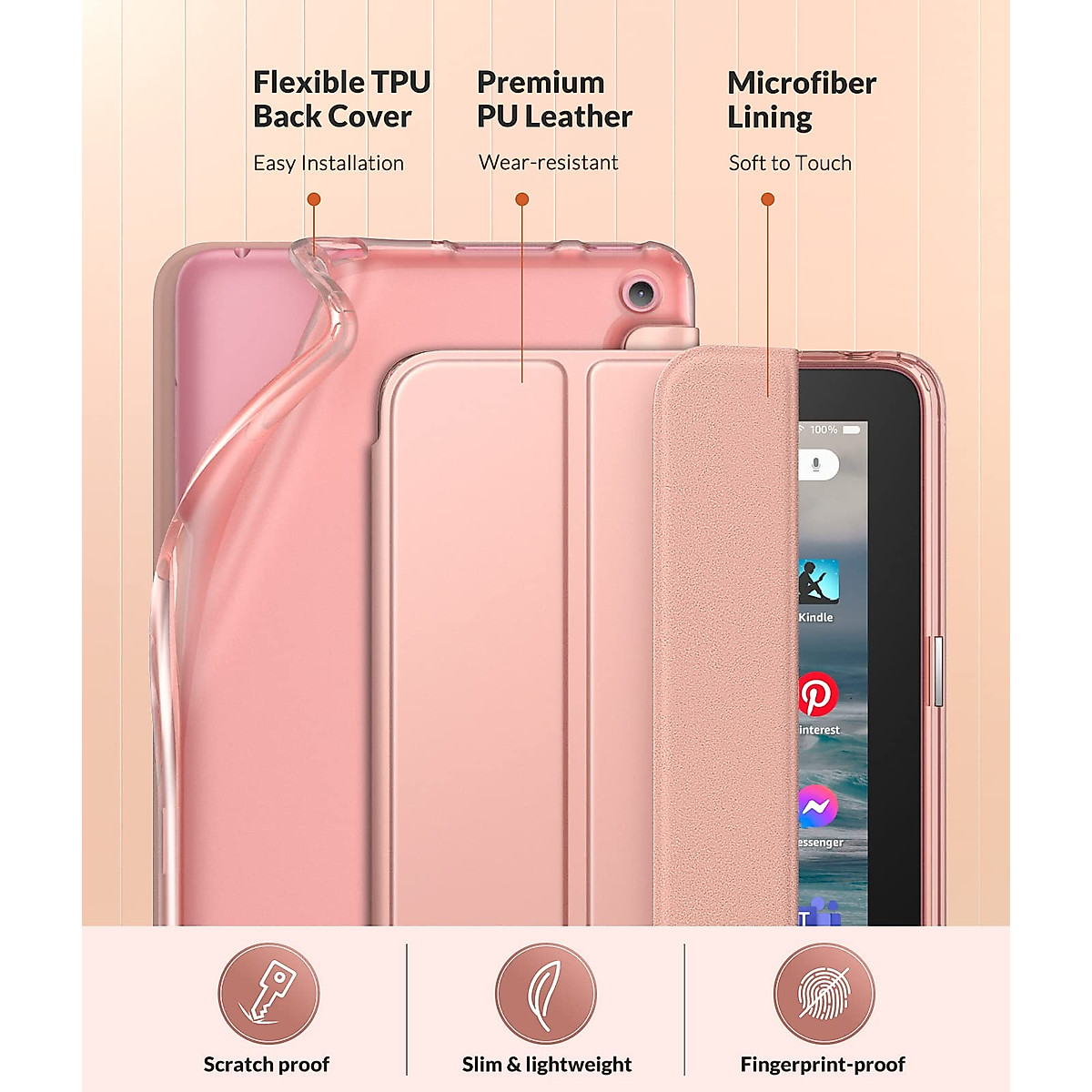 MoKo Case Fits Amazon All-New Kindle Fire 7 Tablet (2022 Release-12th Generation) Latest Model 7", Soft TPU Translucent Frosted Back Cover Multi-Angle Smart Shell, Auto Wake/Sleep, Rose Gold